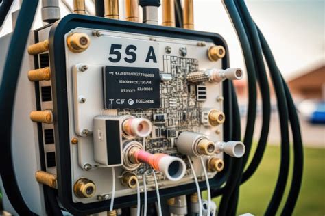 Close Up Of A 5g Antenna With Cables Running From It Stock