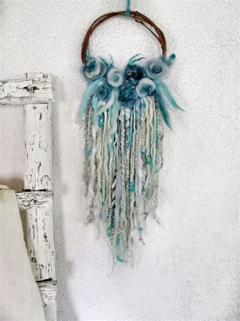Floral Blue Wall Art Circular Fringe Weave Woven Wall Hanging Boho