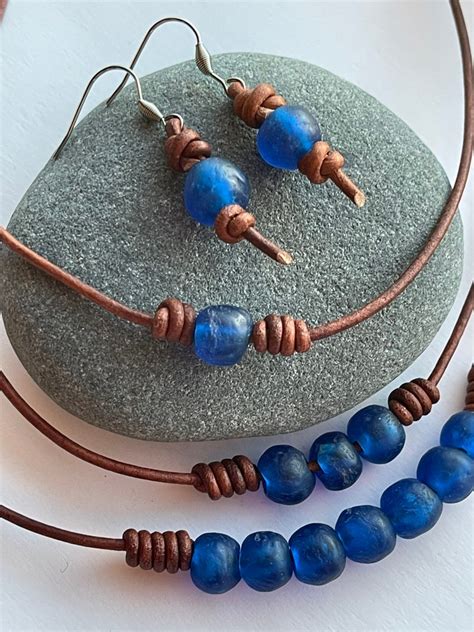 Seaglass Leather Choker Beaded Necklace Hippie Choker Adjustable