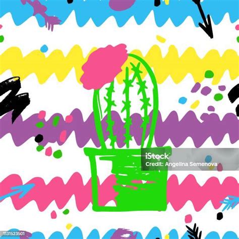 원활한 줄무늬 수채화 반점과 냄비에 선인장 화려한 패턴입니다 벡터 일러스트입니다 강에 대한 스톡 벡터 아트 및 기타 이미지 강 곡선 그리기 Istock
