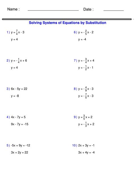 Systems Of Equations Solving Two Variable Systems Of Equations By Substitution Worksheets