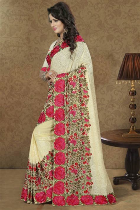 Cream Embroidered Georgette Saree Viva N Diva 1714865