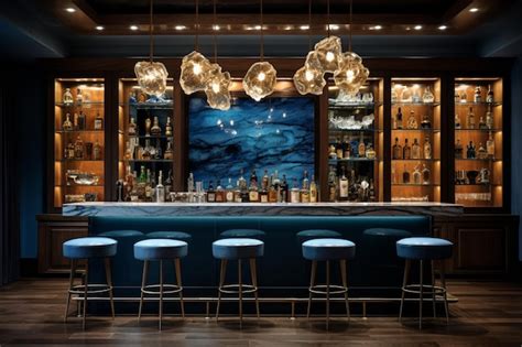 Premium Ai Image A Dimly Lit Bar With Blue Velvet Stools And A Marble