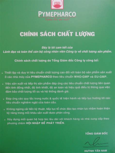 Pymepharco Chính Sách Chất Lượng