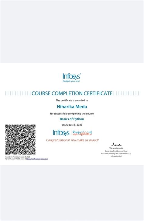 Completed A Course On Python Niharika Meda Posted On The Topic