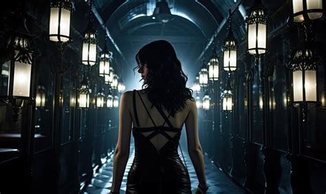Premium AI Image A Woman In A Black Dress Walking Down A Hallway