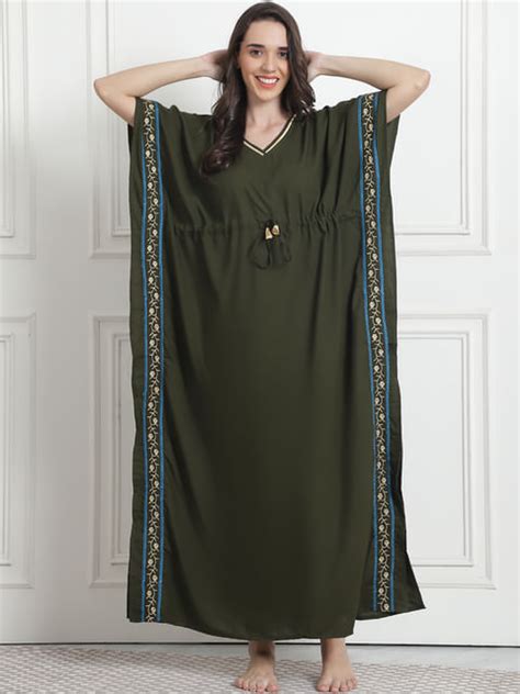 Solid Olive Cotton Kaftan Nighty