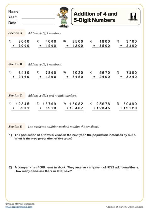 Addition Of 4 And 5 Digit Numbers Worksheet Key Stage 2 Pdf Number