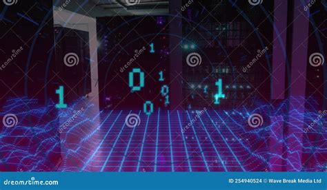 Image Of Binary Code Over Digital Space And Servers Stock Illustration