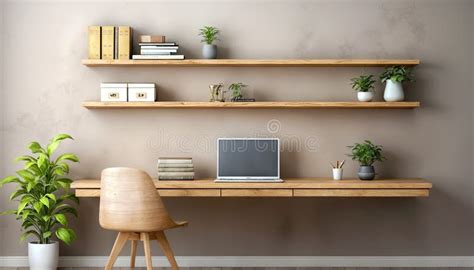 Wooden Shelf With Books Laptop And Plants 3d Rendering Stock