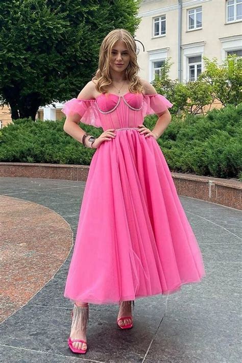 Hot Pink Tulle Off The Shoulder Tea Length Prom Dresses Off Shoulder
