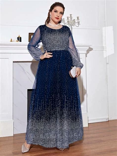 Plus Lantern Sleeve Ombre Dobby Mesh Dress Evening Dresses Plus Size