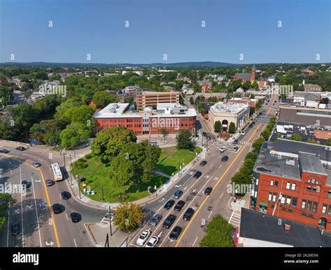 Watertown Square And Main Street Aerial View In Historic City Center Of Watertown Massachusetts