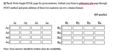 Solved Q No4 Write Single Html Page For Given Matrixes