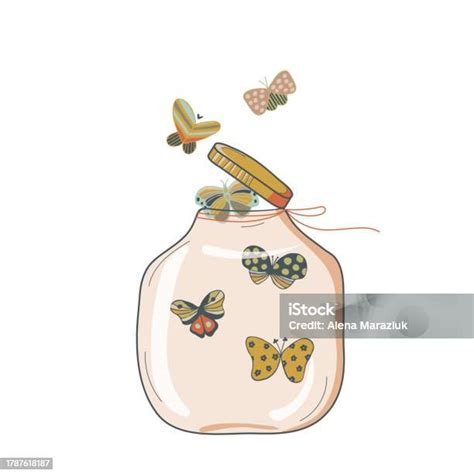 Glass Jar With Butterflies Inside Vector Illustration Insects
