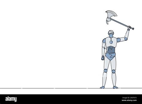 Single Continuous Line Drawing Robots Standing And Lifting Up Big Axe Modern Robotics