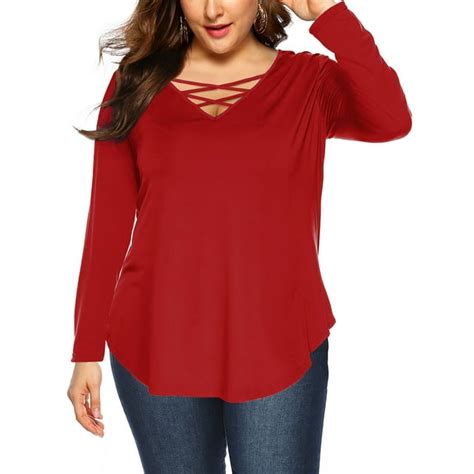 Amoretu Womens V Neck Tee Shirts Plus Size Long Sleeve Blouse Tops Red