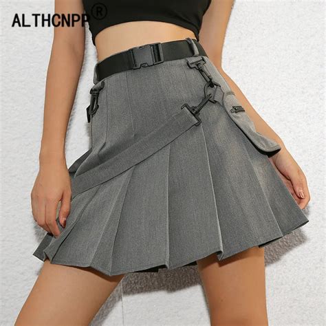 Streetwear High Waist Pleated Skirt Women Steampunk Mini Skirt Pocket