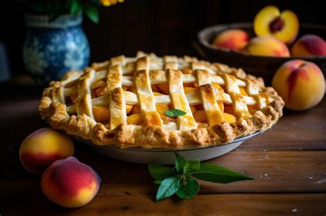 Premium Photo Closeup Of A Lattice Crust Peach Pie With Ripe Fruit