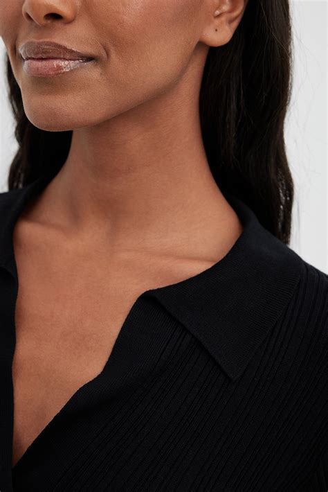 Fine Knitted Long Sleeved Collar Top Black Na Kd