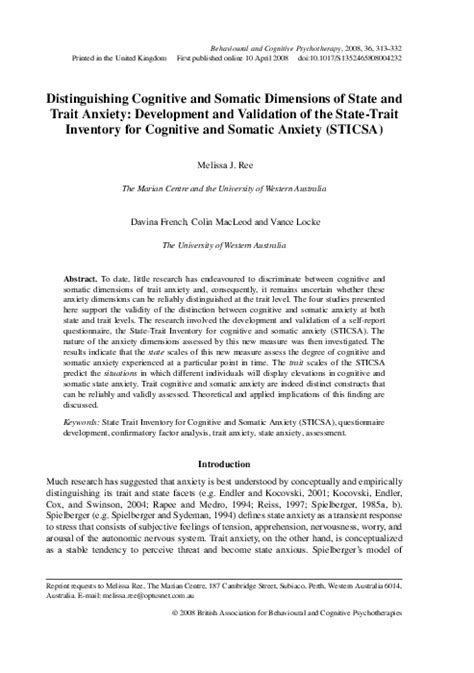 Pdf Distinguishing Cognitive And Somatic Dimensions Of State And