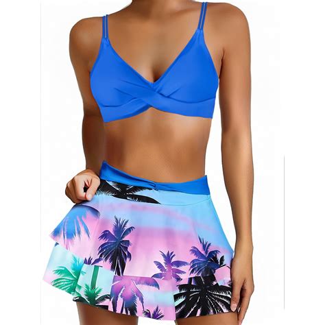 Ayolanni Tropical Bikini Tops For Women V Neck Blue Skirt Separate Two