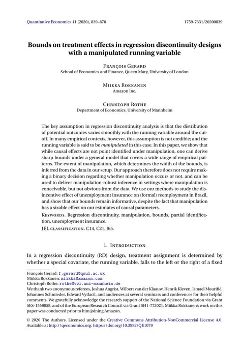 Pdf Bounds On Treatment Effects In Regression Discontinuity Designs With A Manipulated Running