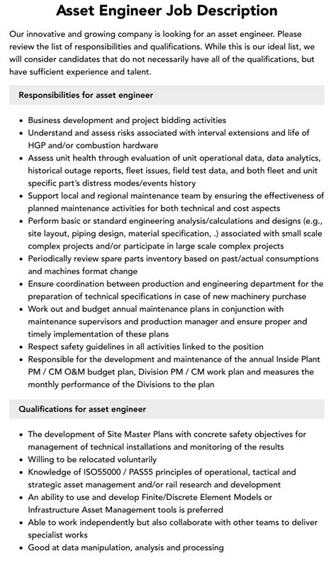 Asset Engineer Job Description Velvet Jobs