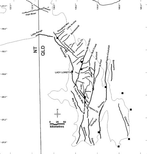 major fault structures coloured by inferred age of influence on