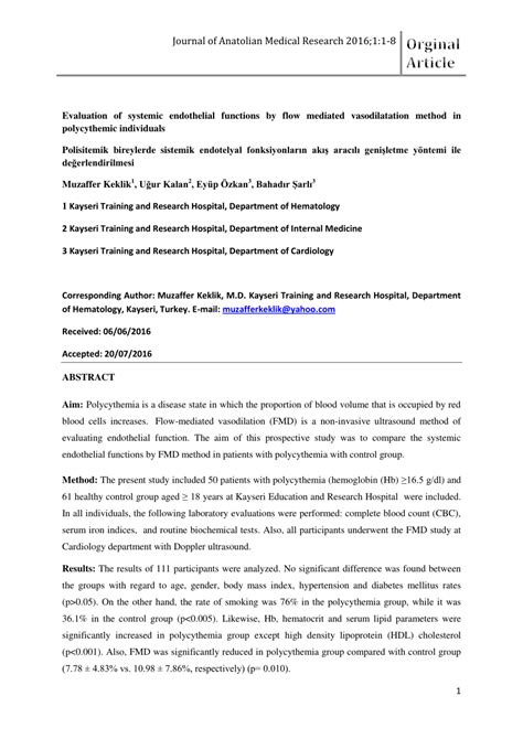 Pdf Evaluation Of Systemic Endothelial Functions By Flow Mediated