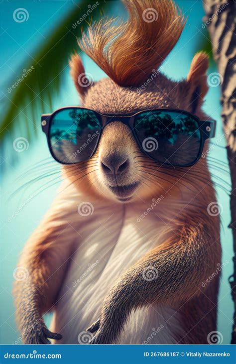 Portrait Of Squirrel In Sunglasses At The Resort Ai Generated Stock