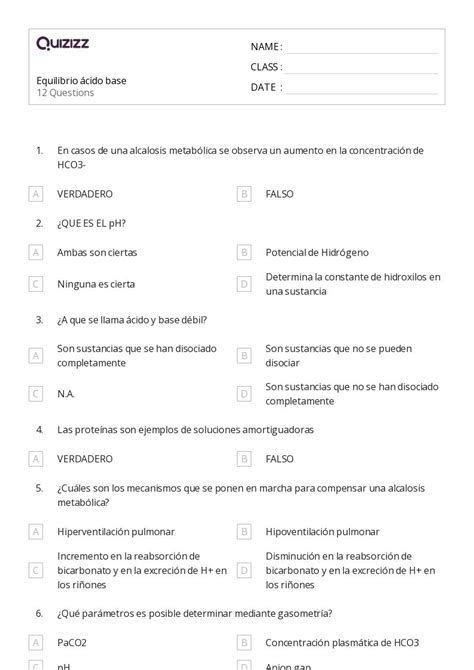 Reações ácido Base Imprimível 10ª Série Planilhas Quizizz