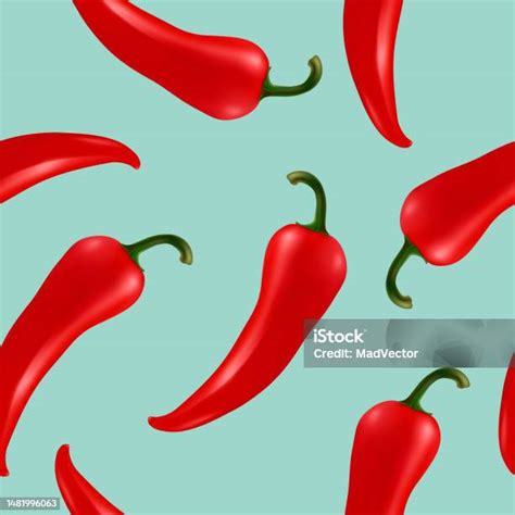 파란색 배경에 3d 현실적인 빨간 핫 칠리 페퍼가 있는 벡터 매끄러운 패턴 신선한 고추 고추 디자인 서식 파일 요리 개념입니다