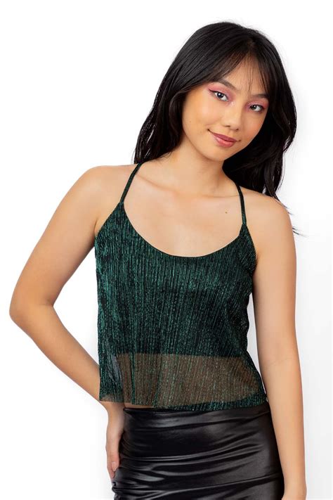 Biconic Green V Neck Strappy Pleated See Through Cami Top Odellk