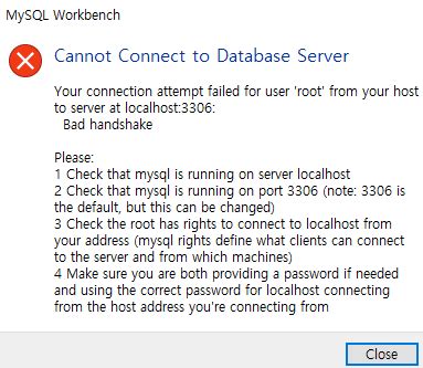 MYSQL Cannot Connect to Database Server Bad handshake 해결 방법