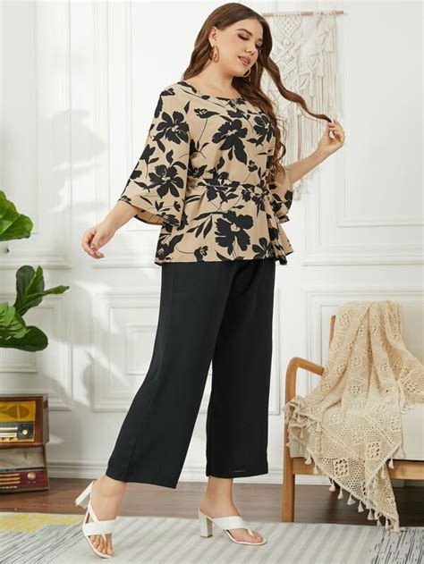 Shein Lune Plus Floral Print Belted Top And Wide Leg Pants Shein Usa