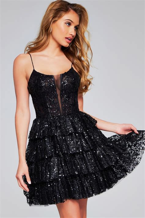 Black Sequin Tiered Mini Dress 40386 Jovani