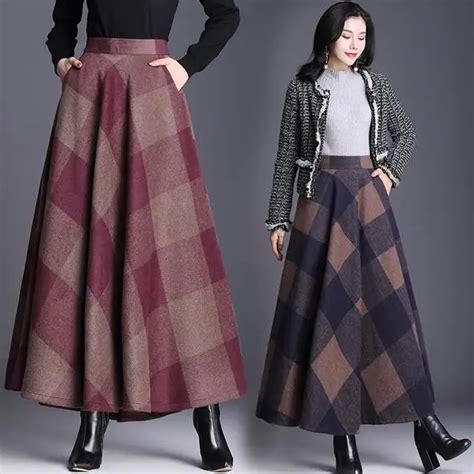 Клетчатая юбка Женская длинная трапециевидная юбка британский стиль шерстяная Макси клетчатая