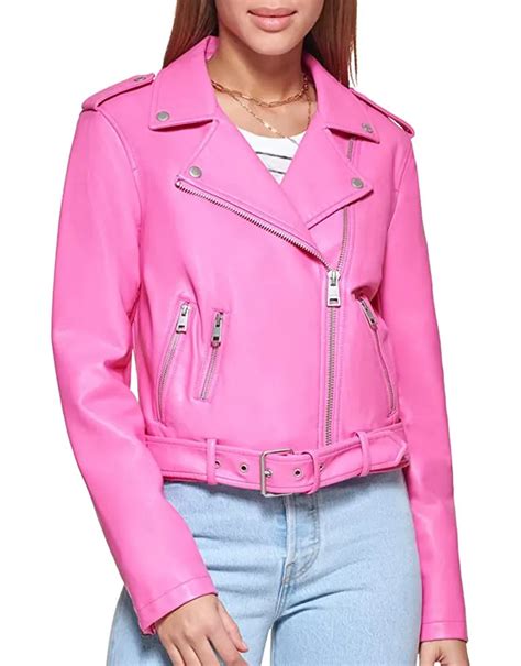 Womens Pink Faux Leather Motorcycle Belted Jacket