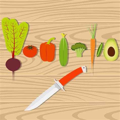 Conjunto De Legumes E Faca Em Uma Mesa De Madeira Para Cozinhar Comida Vegana Saudável Vetor