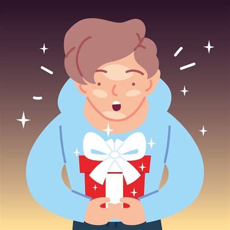갈색 머리 소년 만화 오프닝 선물 생일 축하 장식 파티 축제 및 깜짝 테마 일러스트 프리미엄 벡터