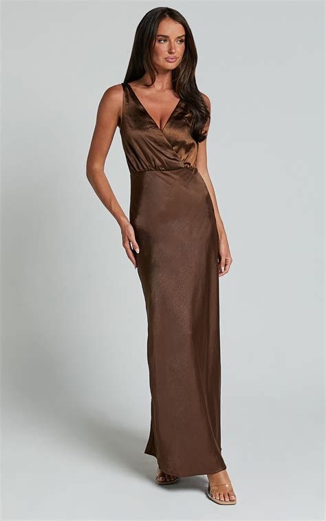 Melodie Midi Dress V Neck Satin Slip Dress In Chocolate Showpo Usa