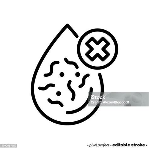 오염된 물 박테리아가 있는 물방울 및 십자 표시 가는 선 아이콘입니다 편집 가능한 획 벡터 일러스트 레이 션입니다 0명에 대한 스톡 벡터 아트 및 기타 이미지 Istock