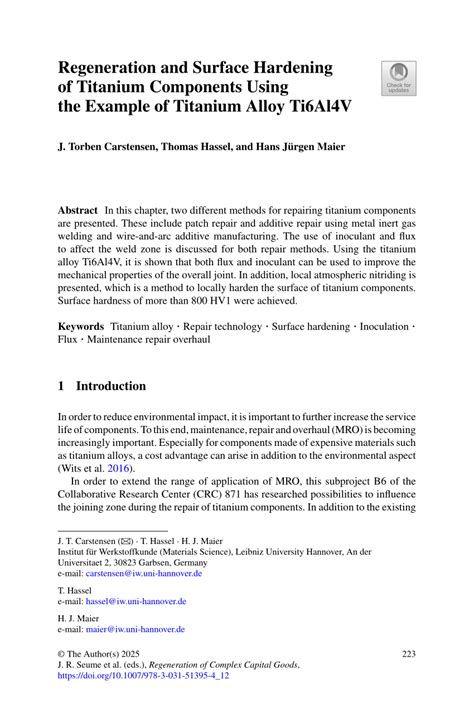 Pdf Regeneration And Surface Hardening Of Titanium Components Using