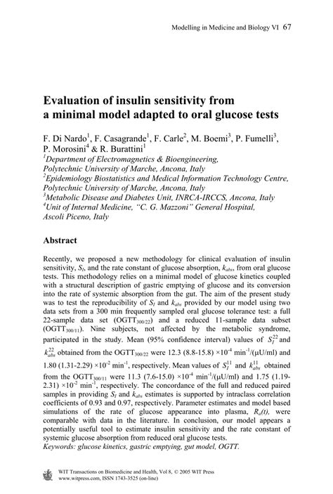 Pdf Evaluation Of Insulin Sensitivity From A Minimal Model Adapted To Oral Glucose Tests