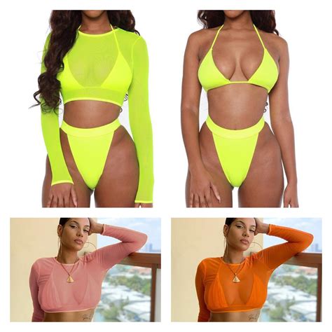 3 Piece Bikini Mesh Top Swimsuit Sasacotnt