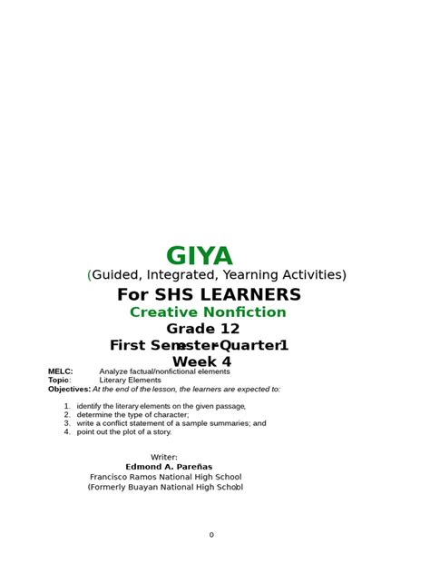 Cnf Q1 Mod3 Elements Of Non Fiction Activity Sheet Pdf Plot