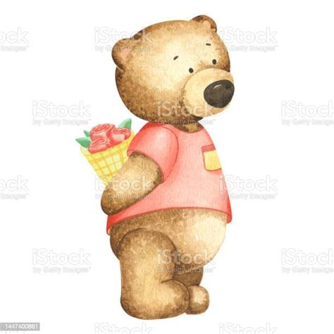 붉은 꽃다발을 가진 귀여운 작은 곰 소년 흰색 배경에 격리된 수채화 그림 어린이 포스터 카드 또는 베이비 샤워에 사용할 수 있습니다 0명에 대한 스톡 벡터 아트 및 기타