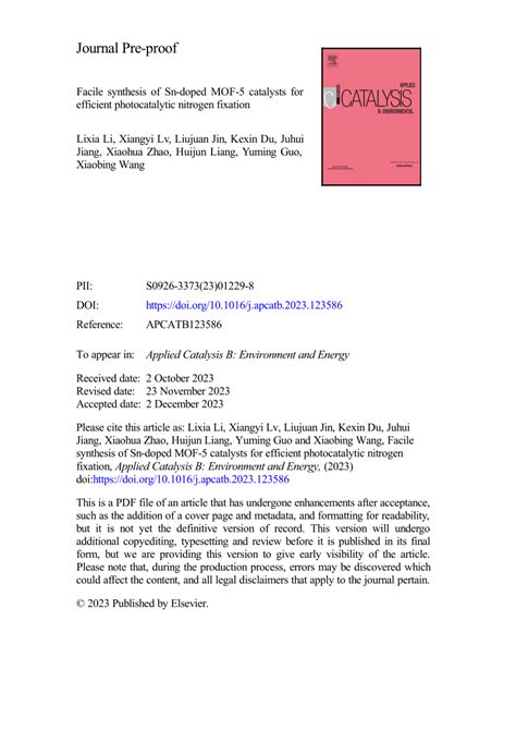 Pdf Facile Synthesis Of Sn Doped Mof 5 Catalysts For Efficient Photocatalytic Nitrogen Fixation