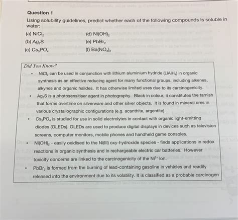Solved Question 1 Using Solubility Guidelines Predict